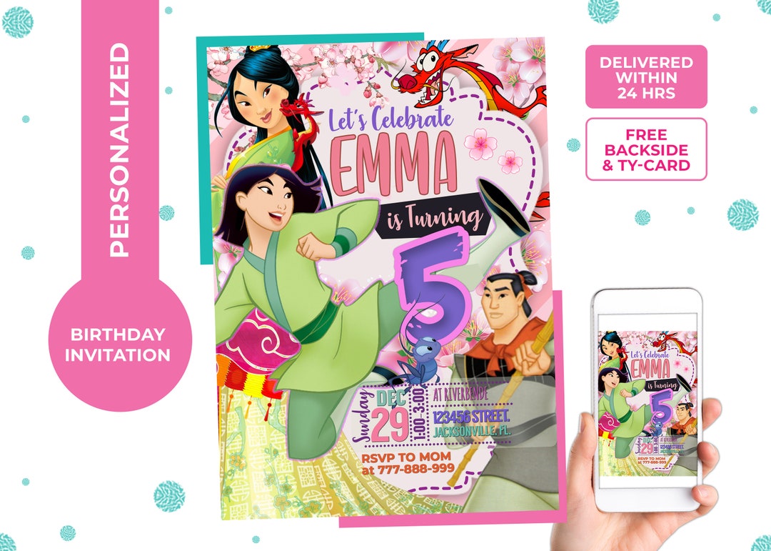 Mulan birthday Invitation Mulan Invite Girl Birthday - Etsy España