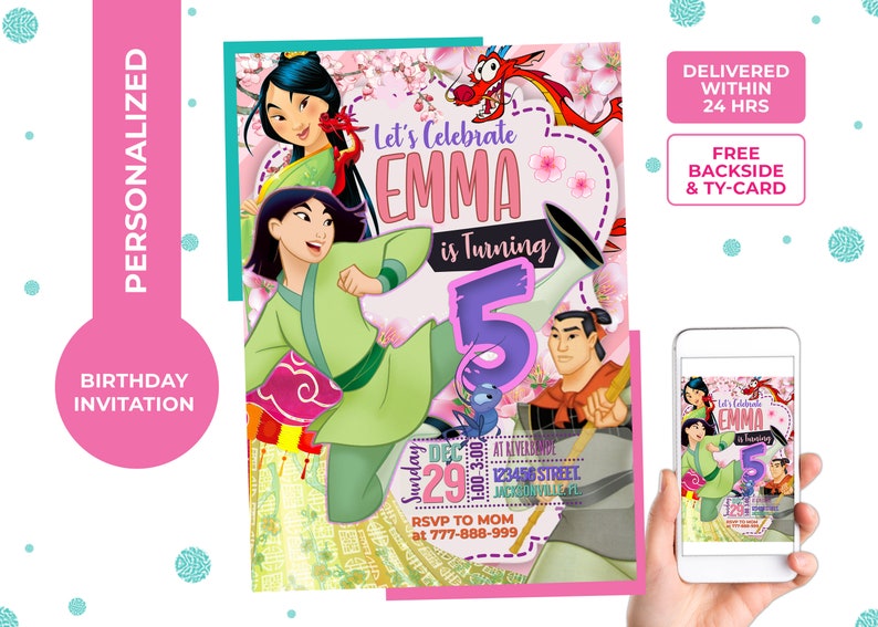 Mulan birthday Invitation Mulan Invite Girl Birthday | Etsy