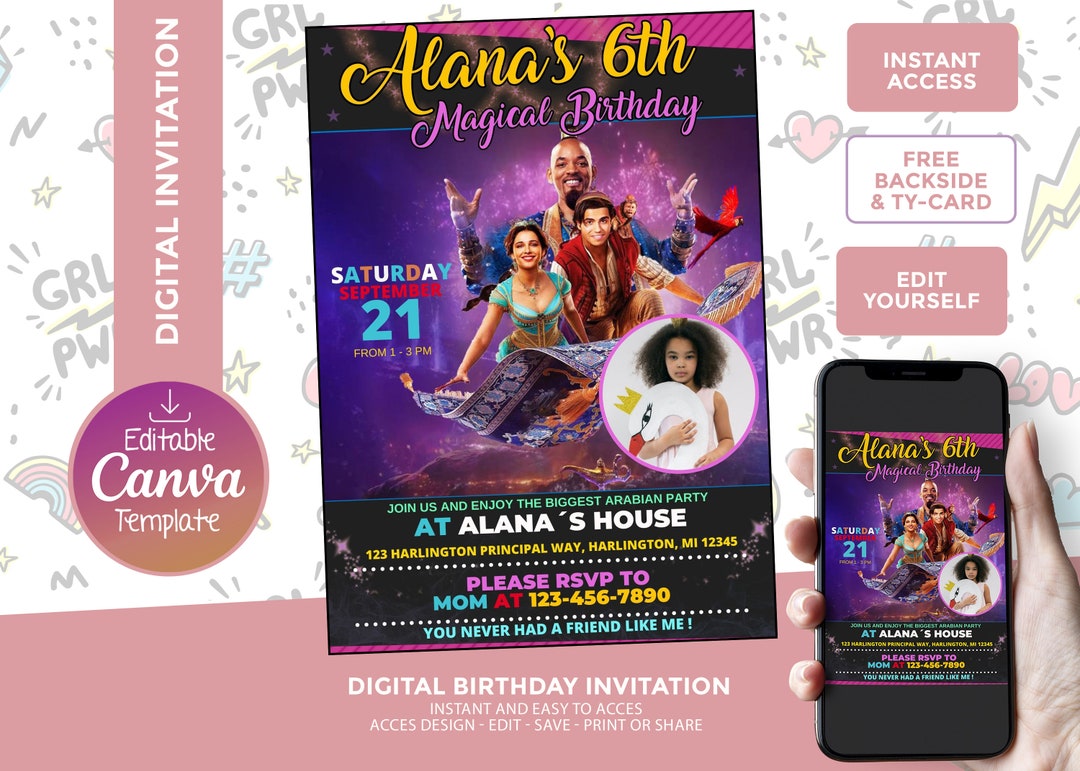 Aladdin Birthday Invitation, Digital Template, Edit Yourself, Free ...