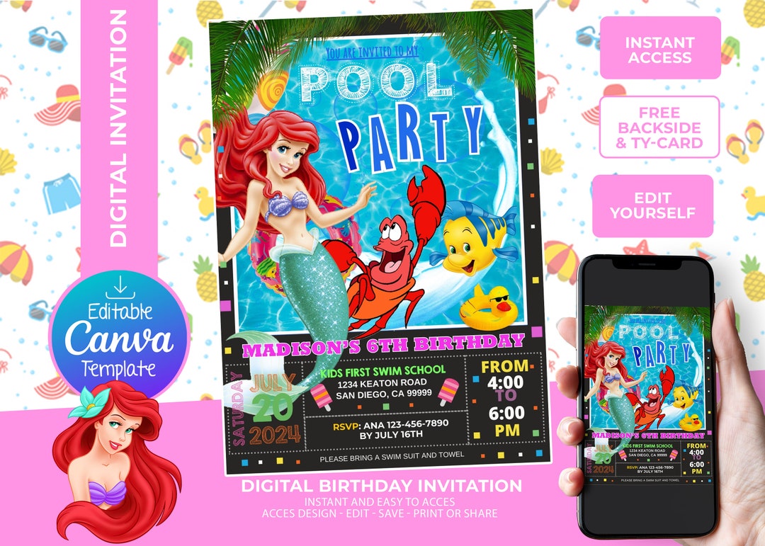 Little Mermaid Pool Party Birthday Invitation, Digital Template, Edit ...