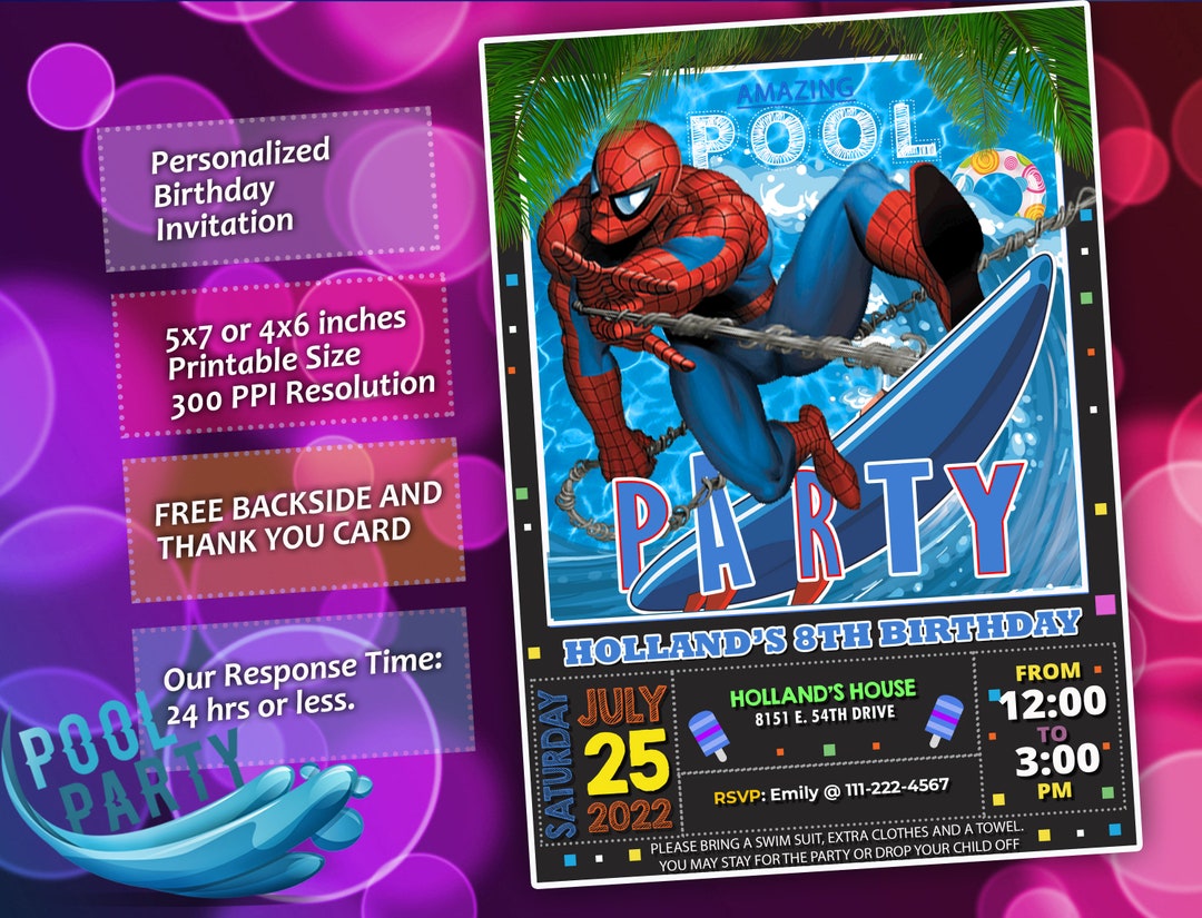 Spiderman Pool Party Birthday Invitation, summer, swimming party ...