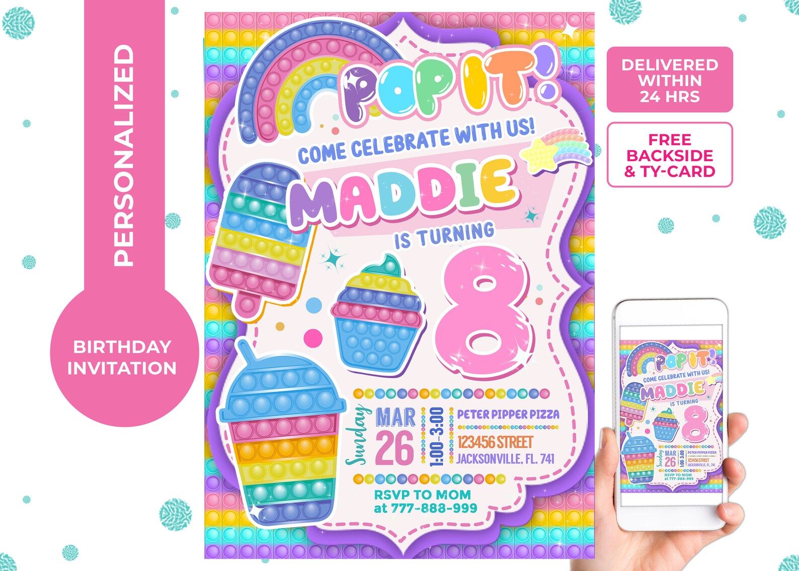 Pop It Birthday Party Invitation Girl Birthday Invite - Etsy