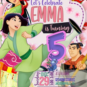 Mulan birthday Invitation, Mulan Invite, Girl Birthday invitation ...