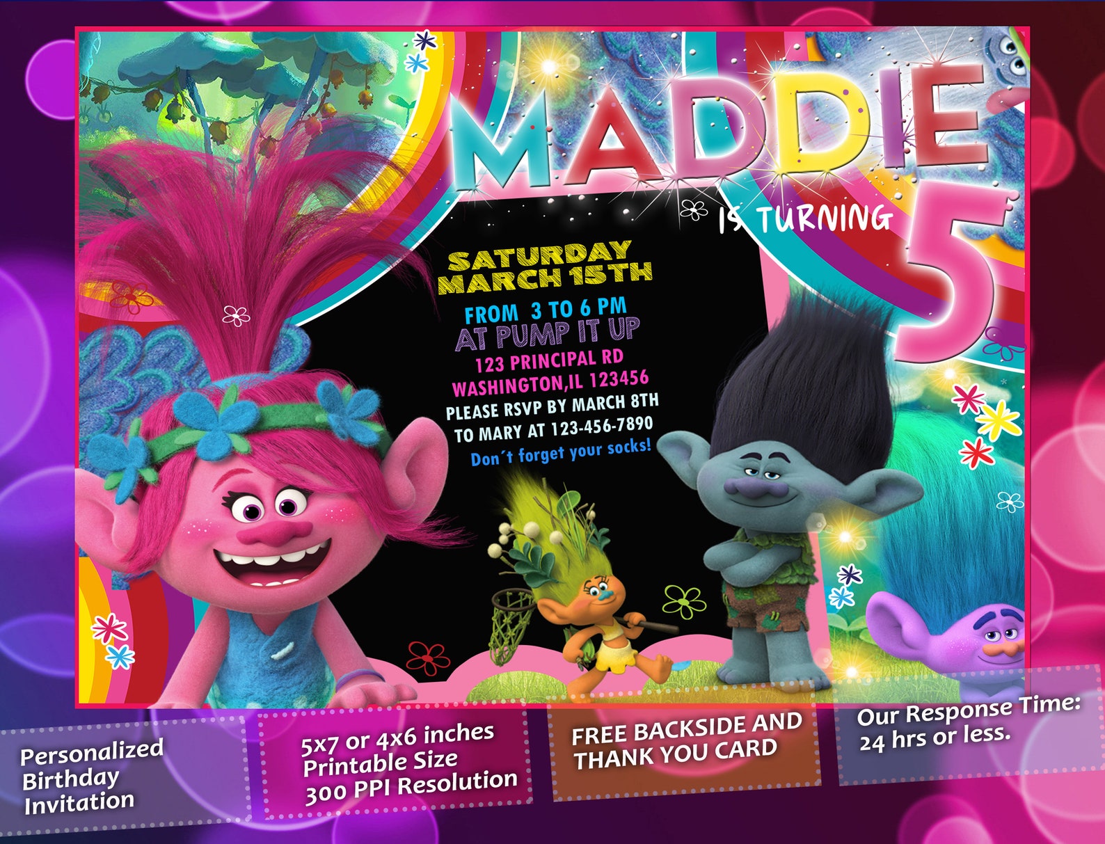 Trolls Invitation Girl Birthday Invitetrolls Invite - Etsy