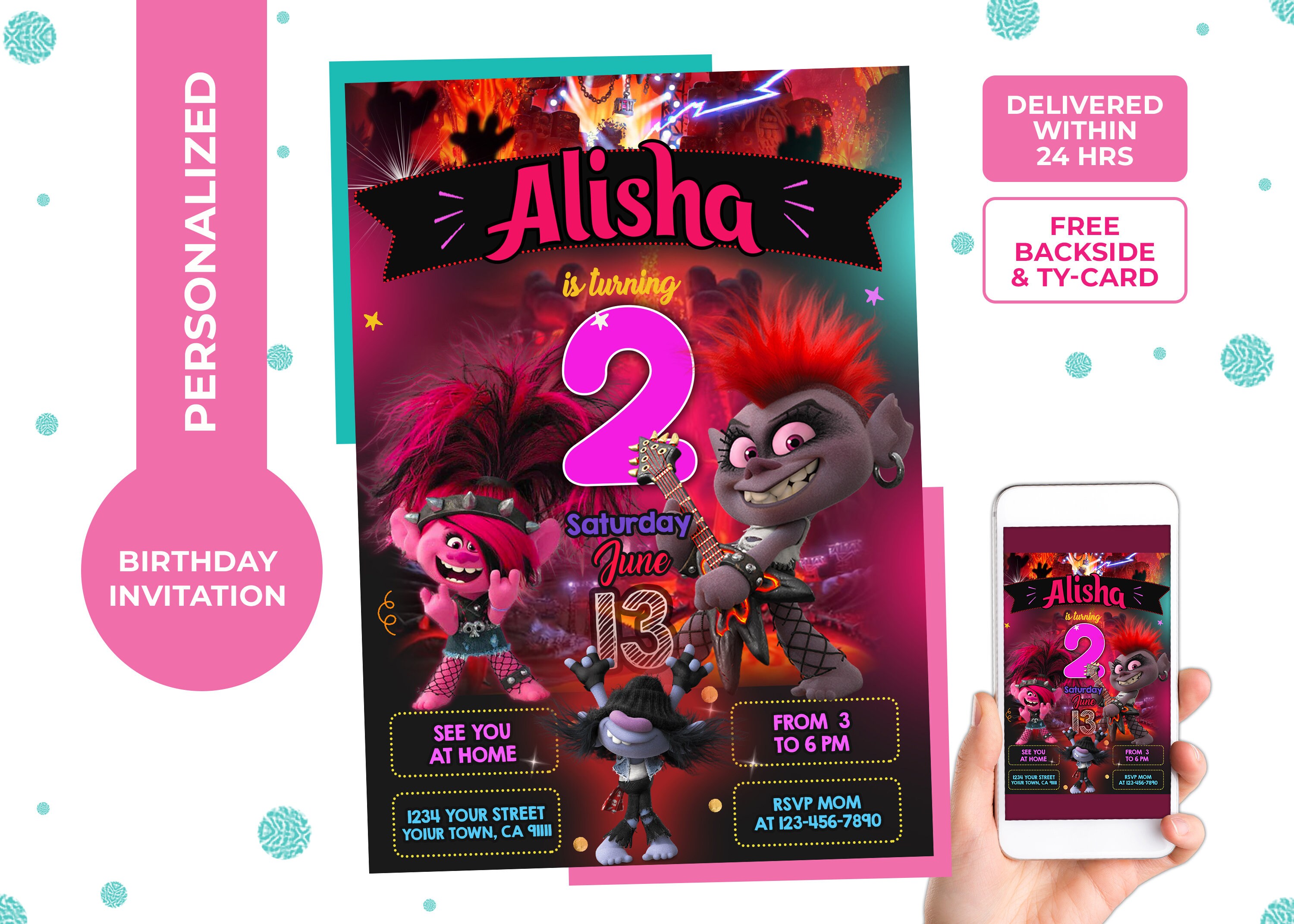 Trolls World Tour Invitation Troll Birthday Party invitation | Etsy
