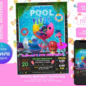 Trolls Pool Party Birthday Invitation, Digital Template, Edit Yourself ...