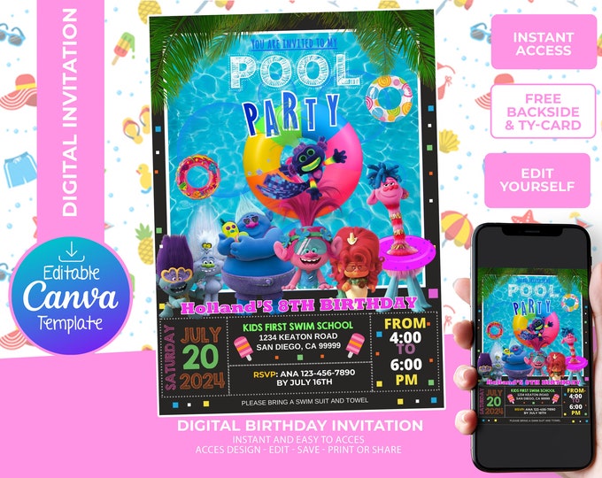 Trolls Poppy Pool Party Invitation, Trolls Birthday Invitation ...