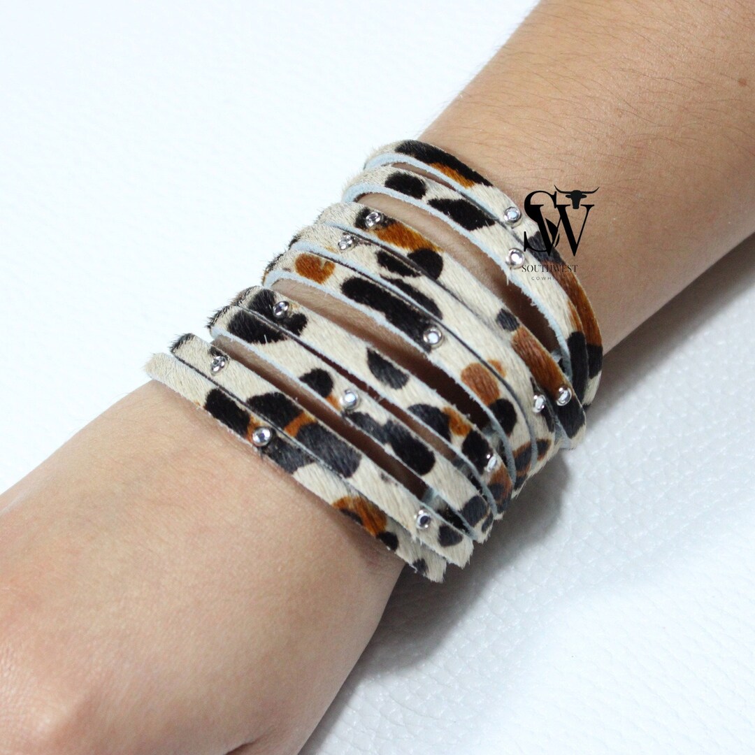 Cowhide Bracelet 1-1/2 Leopard Print & Silver Stones Hair on Cowhide ...