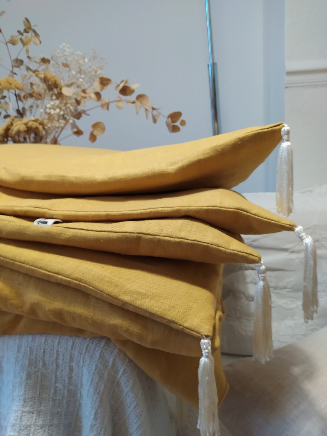 Mustard Quilt in Washed Linen, Saffron Yellow Bedspread, Quilt for ...