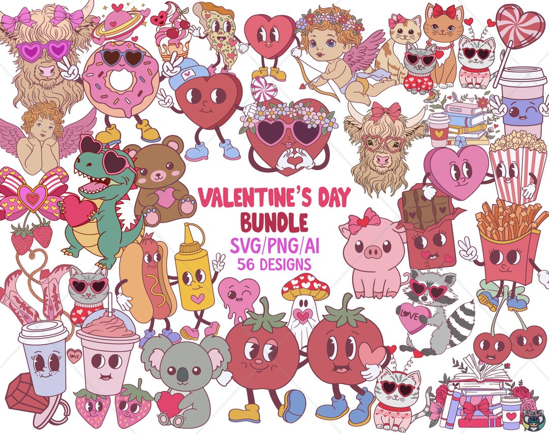 Retro Valentine's Day Clipart Bundle: Groovy PNG, SVG, AI (56 Designs ...