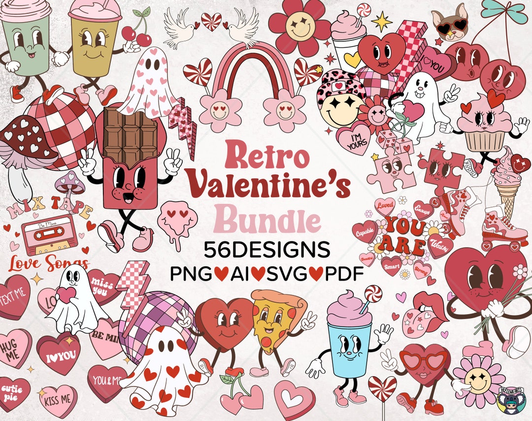 Retro Valentine's Day Clipart Bundle: Groovy PNG SVG PDF - Etsy