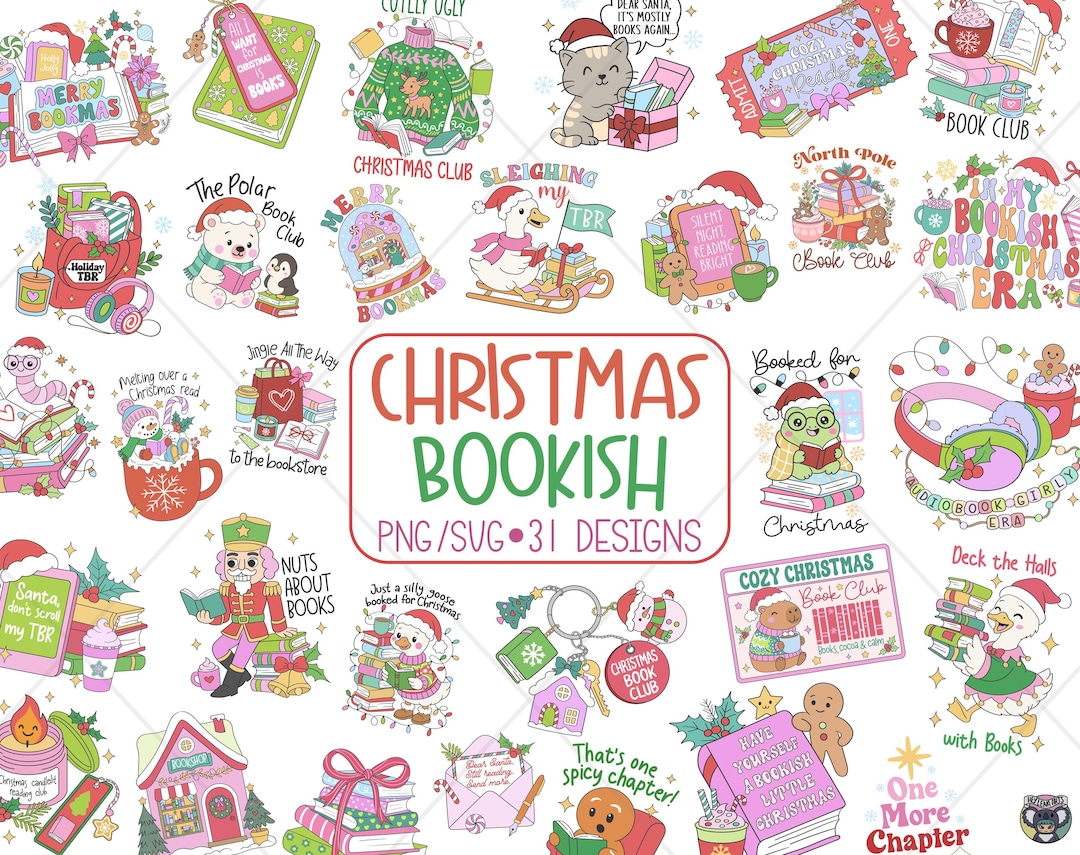 Christmas Bookish Clipart Bundle, Book Lover PNG SVG Stickers - Etsy