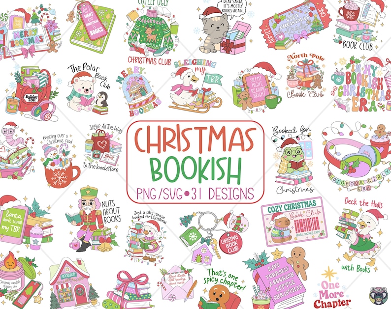 Christmas Bookish Clipart Bundle, Book Lover PNG SVG Stickers - Etsy