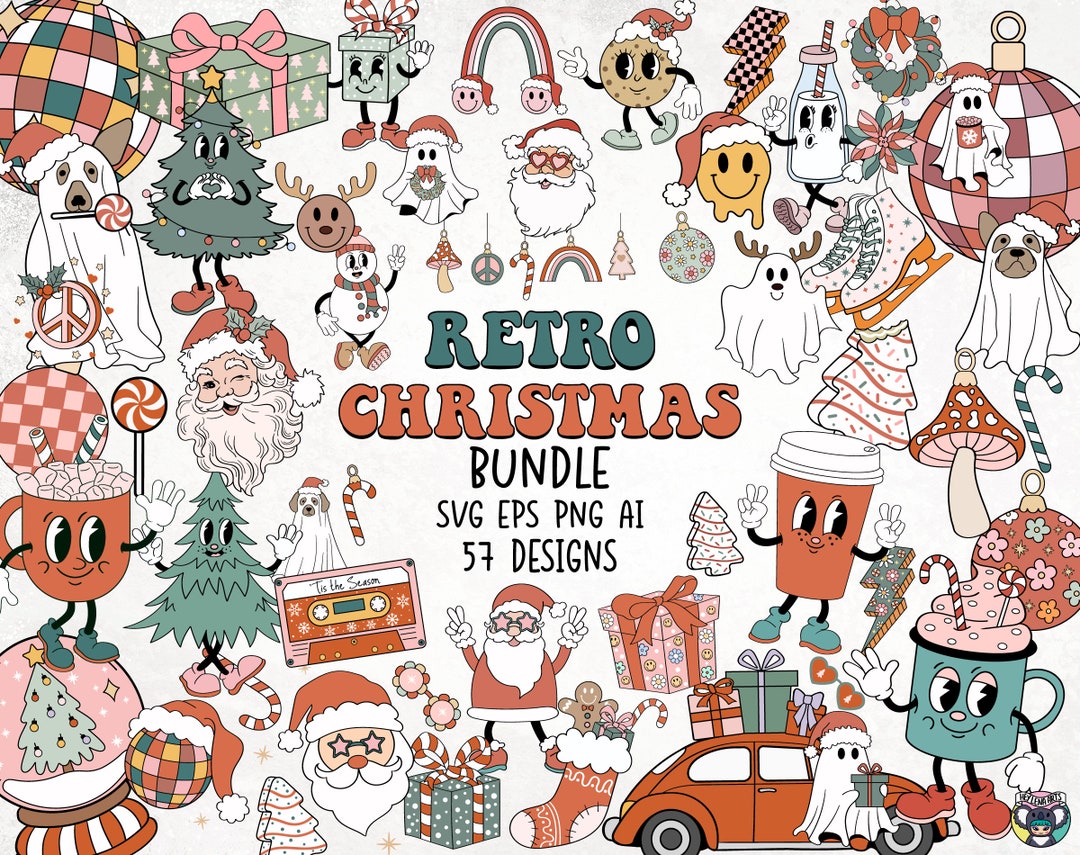 Retro Christmas Clipart Bundle, Groovy Christmas Svg, Christmas Svg ...