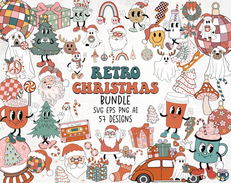 Retro Christmas Clipart Bundle, Groovy Christmas Svg, Christmas Svg ...