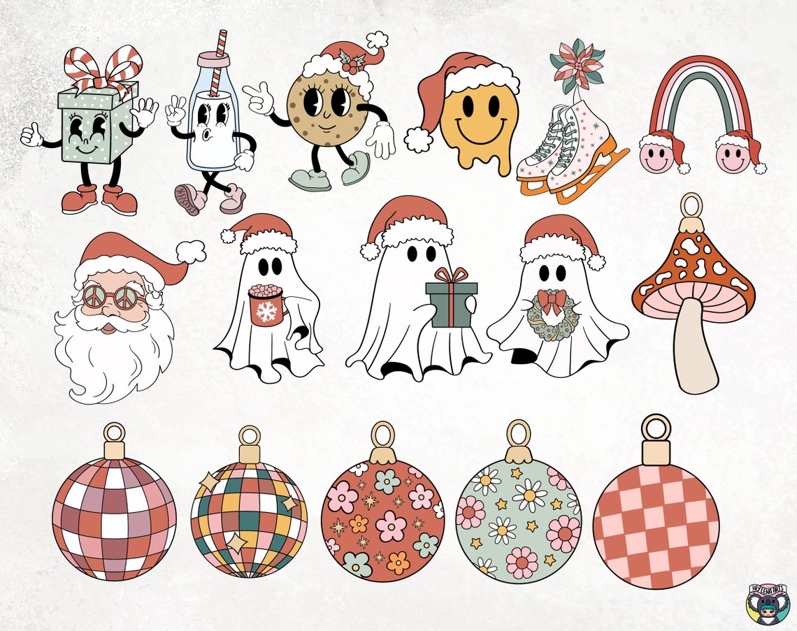Retro Christmas Clipart Bundle, Groovy Christmas Svg, Christmas Svg ...