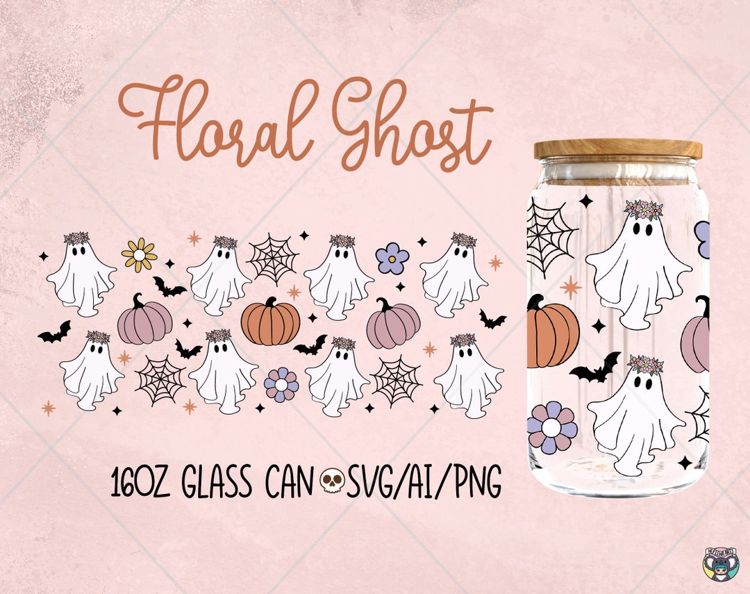 Floral Ghost 16oz Glass Can Wrap SVG: Halloween Design (digital ...