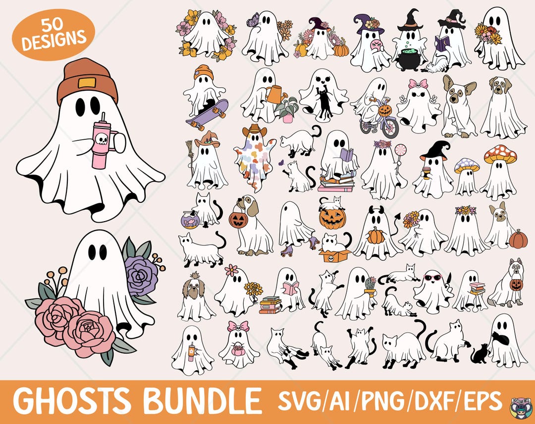 Cute Ghost Halloween Svg Bundle, Retro Ghost Png, Retro Floral Ghost ...