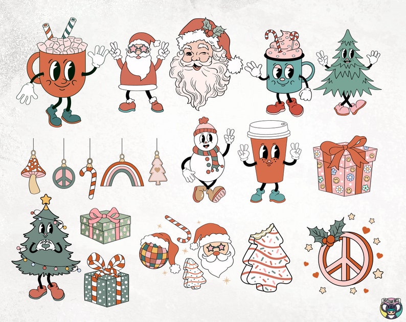 Retro Christmas Clipart Bundle, Groovy Christmas Svg, Christmas Svg ...