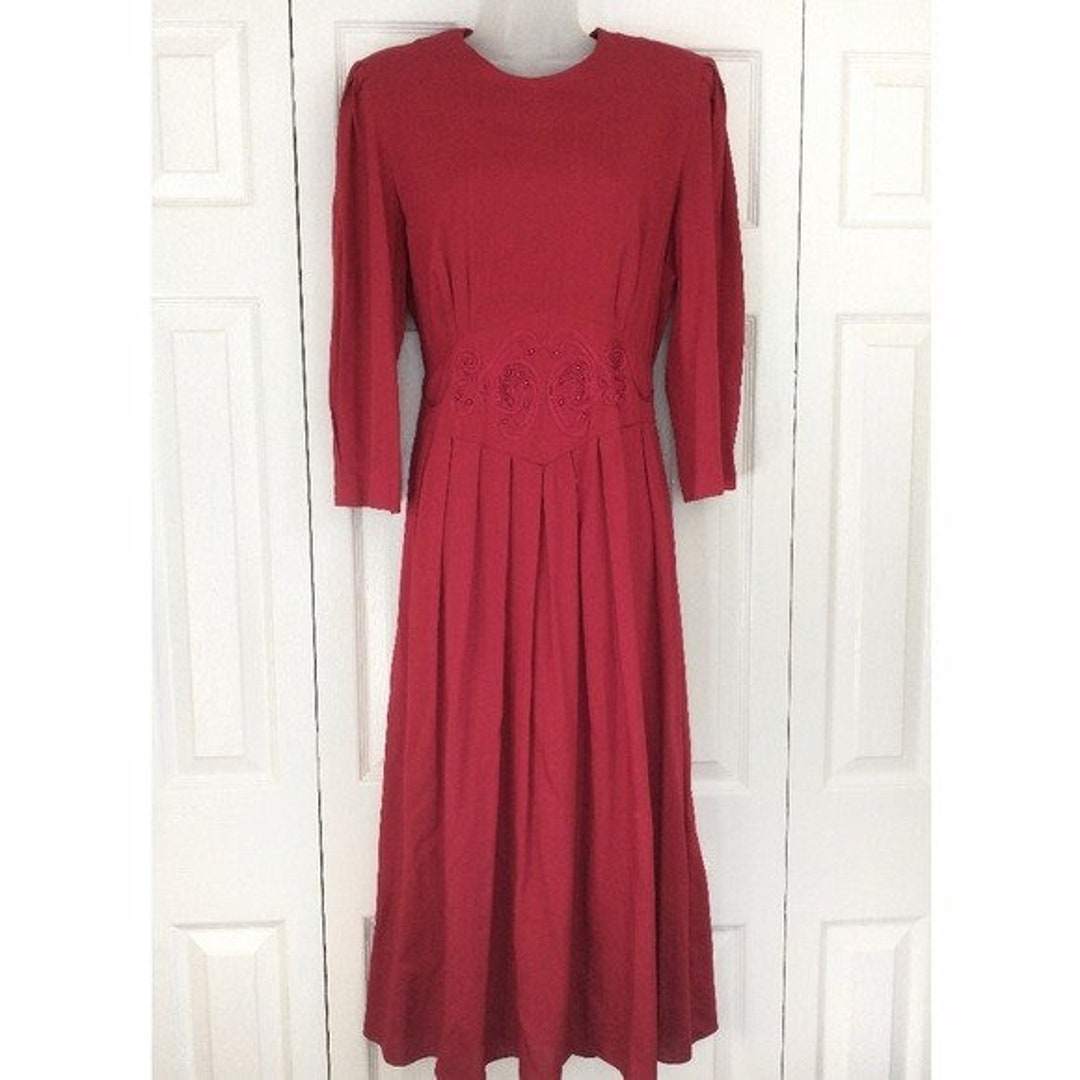 Vtg 90s Red Basque Waist Pleated Midi Dress With Beaded Applique at ...