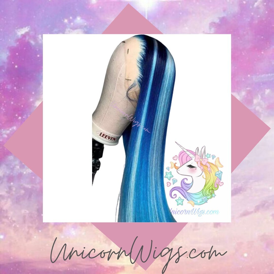 Blue Highlight Lace Front Human Hair Wigs for Women Straight HD ...