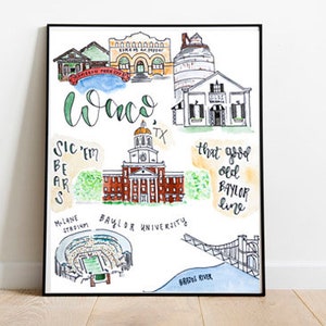 Digital Download** Waco TX Illustrated Watercolor | Baylor University ...