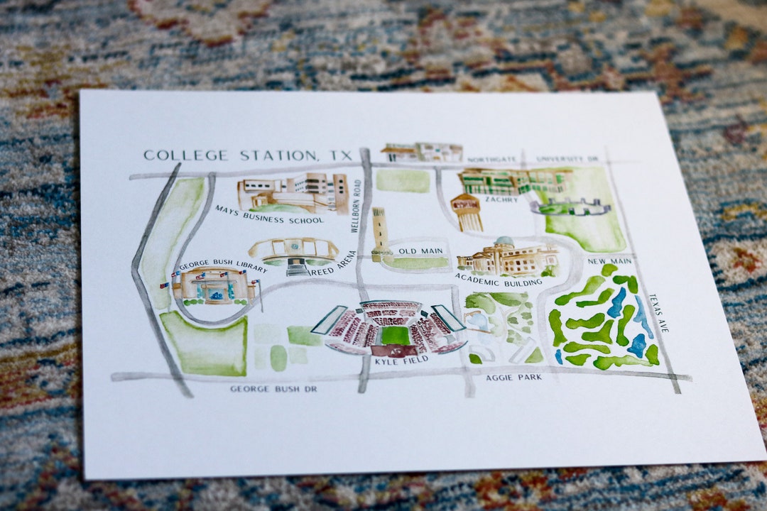 College Station Illustrated Map 8x10 Art Print || Texas A&M University ...