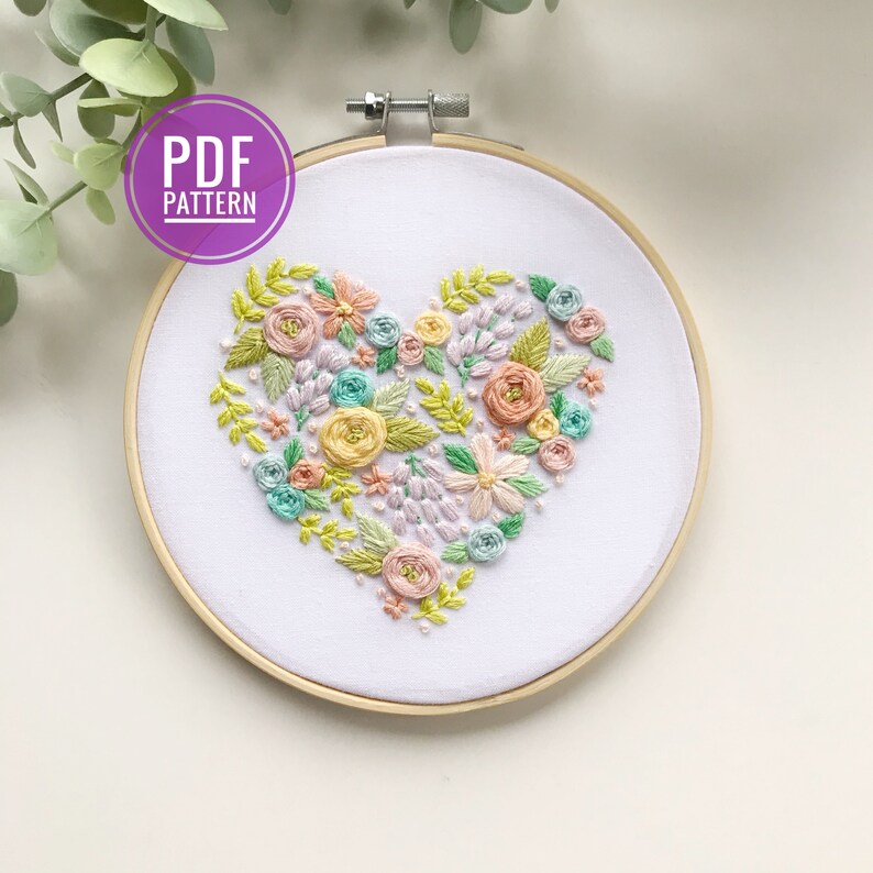 PDF PATTERN | Floral Heart, Beginner Embroidery Pattern, Heart ...