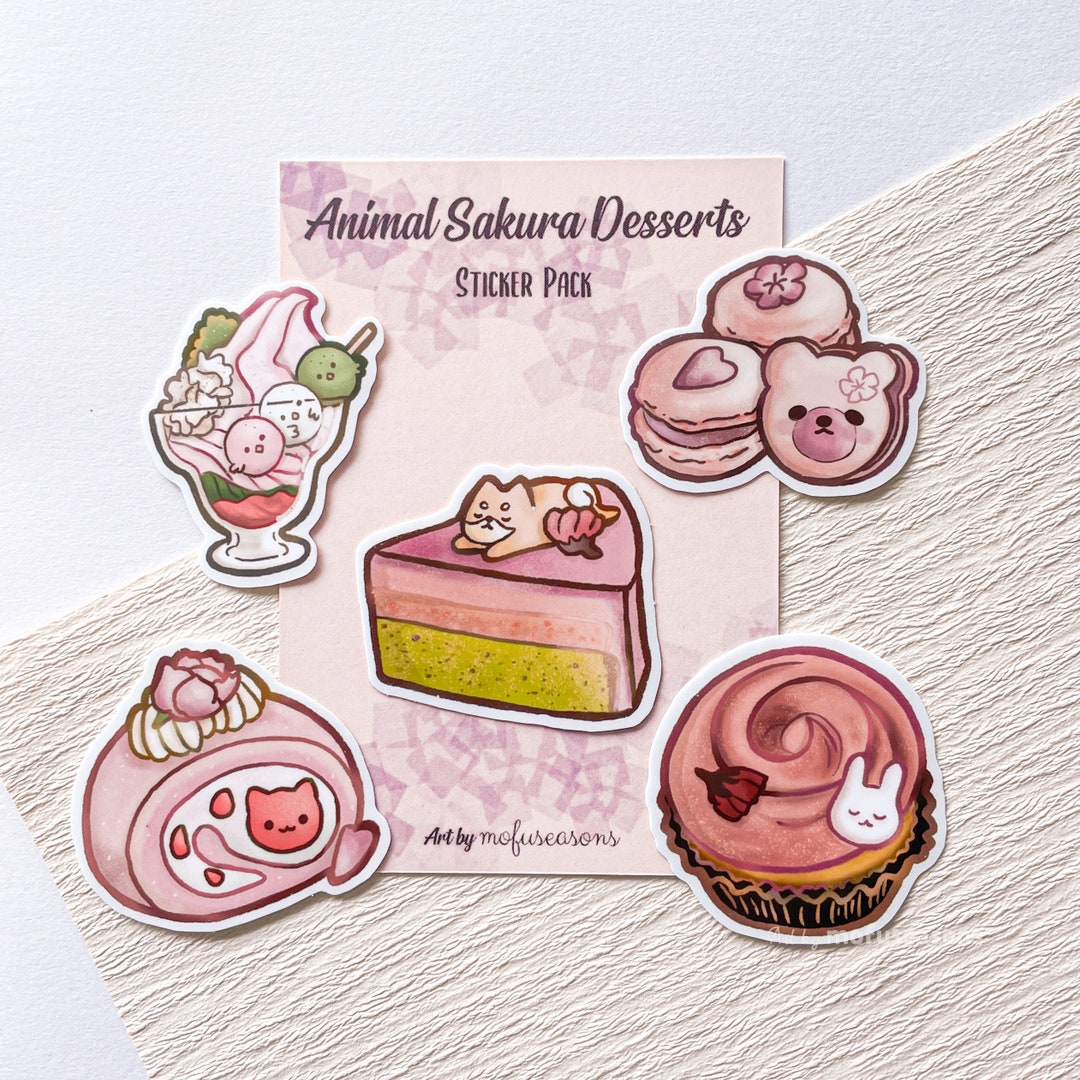 Animal Sakura Desserts Sticker Pack | Set of 5 Vinyl Stickers ...