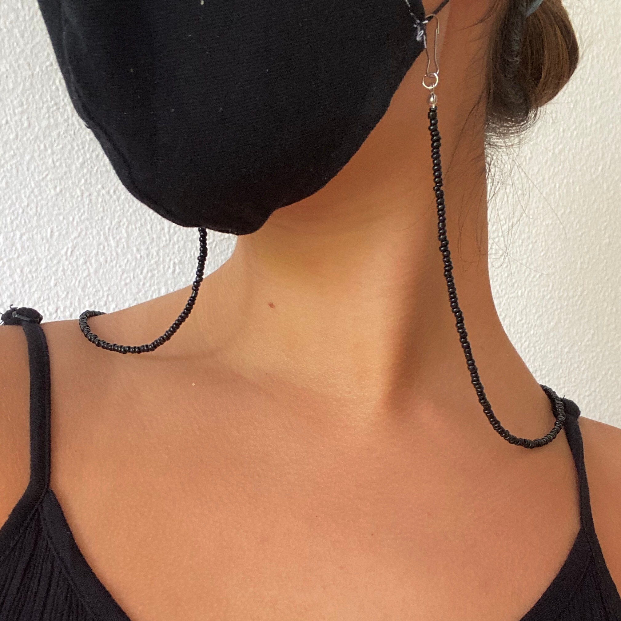 Face Mask Chain, Mask Lanyard, Black Beaded Mask Holder, Face Mask ...