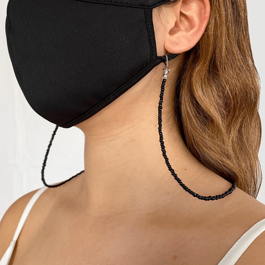 Face Mask Chain, Mask Lanyard, Black Beaded Mask Holder, Face Mask ...