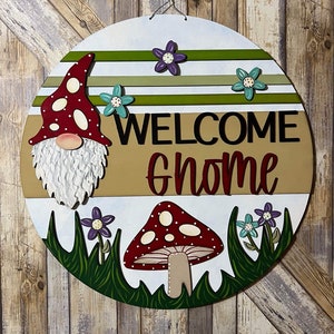 Gnome, Mushroom, Welcome Sign, Blank Door Hanger, Spring, 18” Circle ...