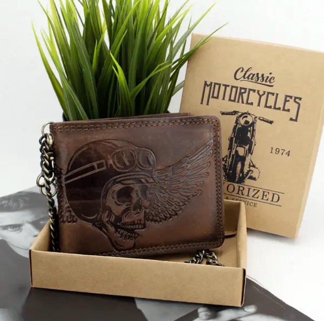 Skull Embossed Leather Bifold Wallet: Brown Biker Purse - Etsy
