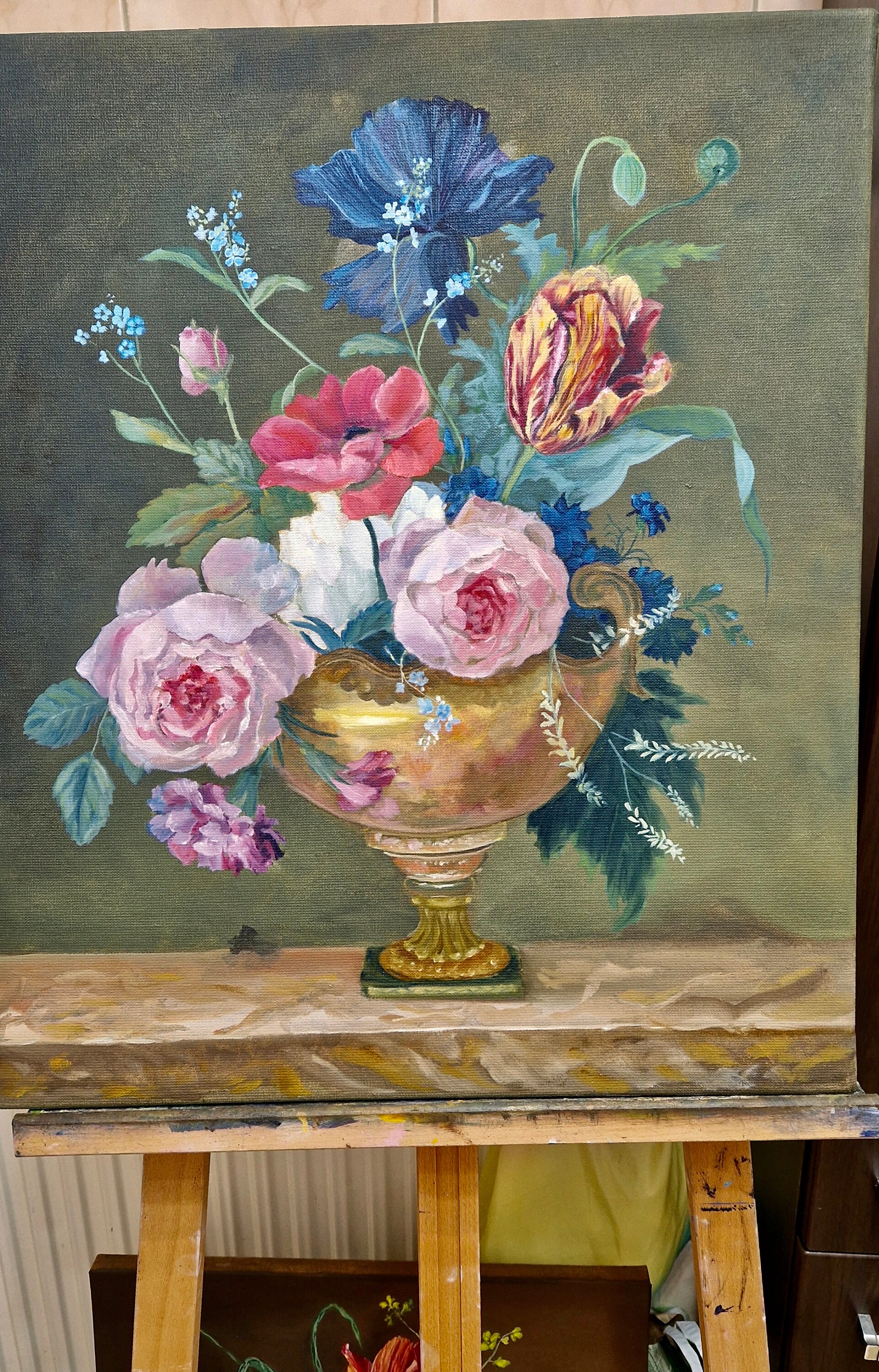 Cut Flowers in a Vase Original Floral Still Life Painting Vintage Style ...