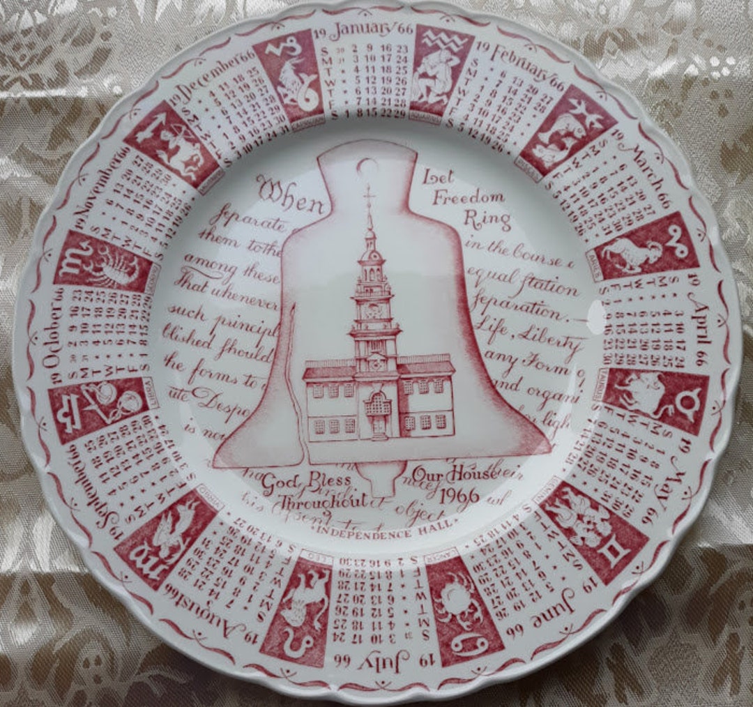 Vintage 1966 Calendar and Zodiac Symbols Plate, Red Transferware, With ...