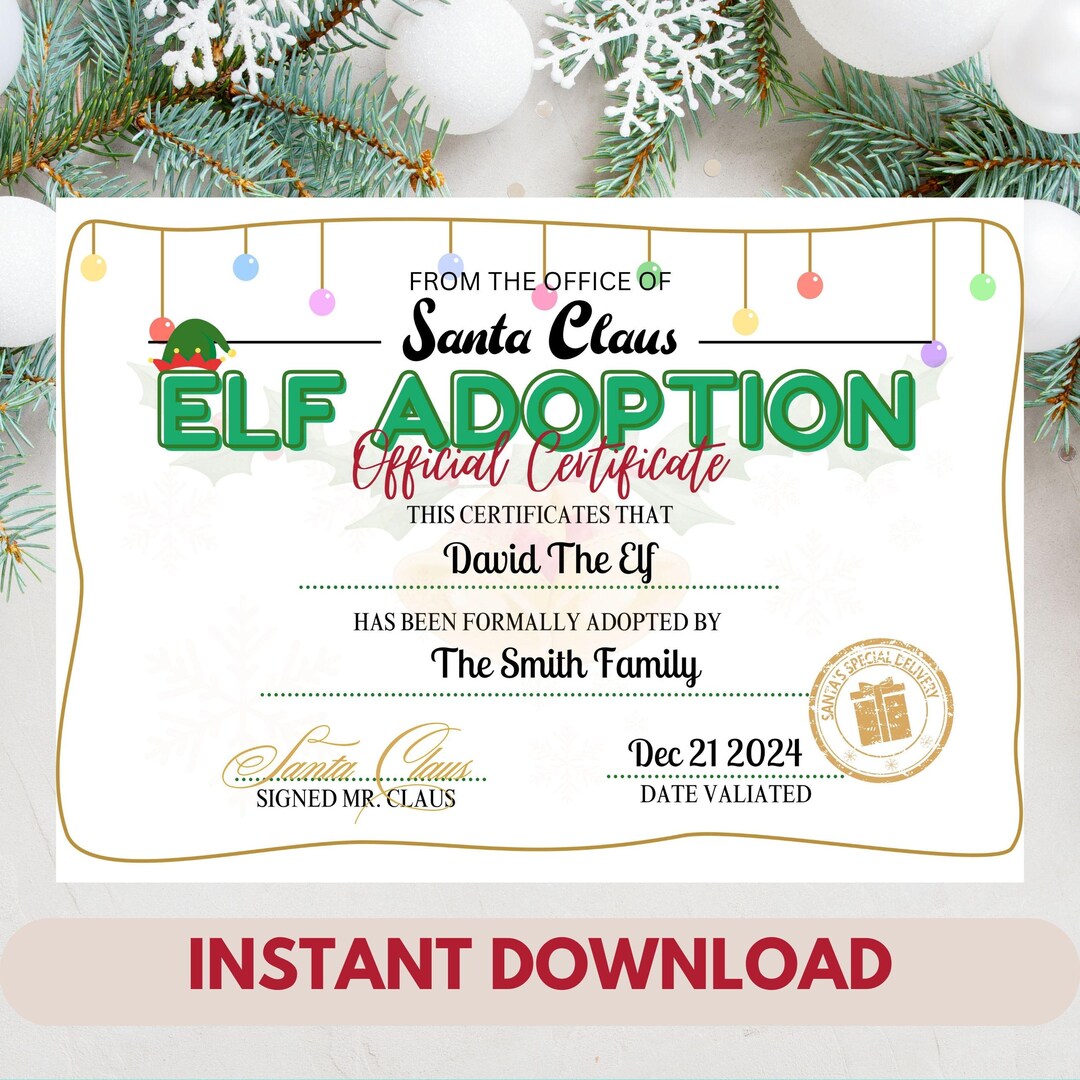 Elf Adoption Certificate Editable Elf Adoption Certificate Adopt an Elf ...