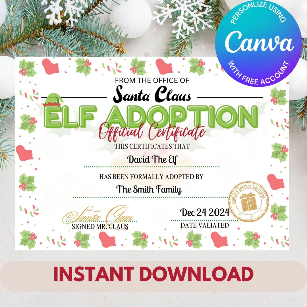 Elf Adoption Certificate Editable Elf Adoption Certificate Adopt an Elf ...