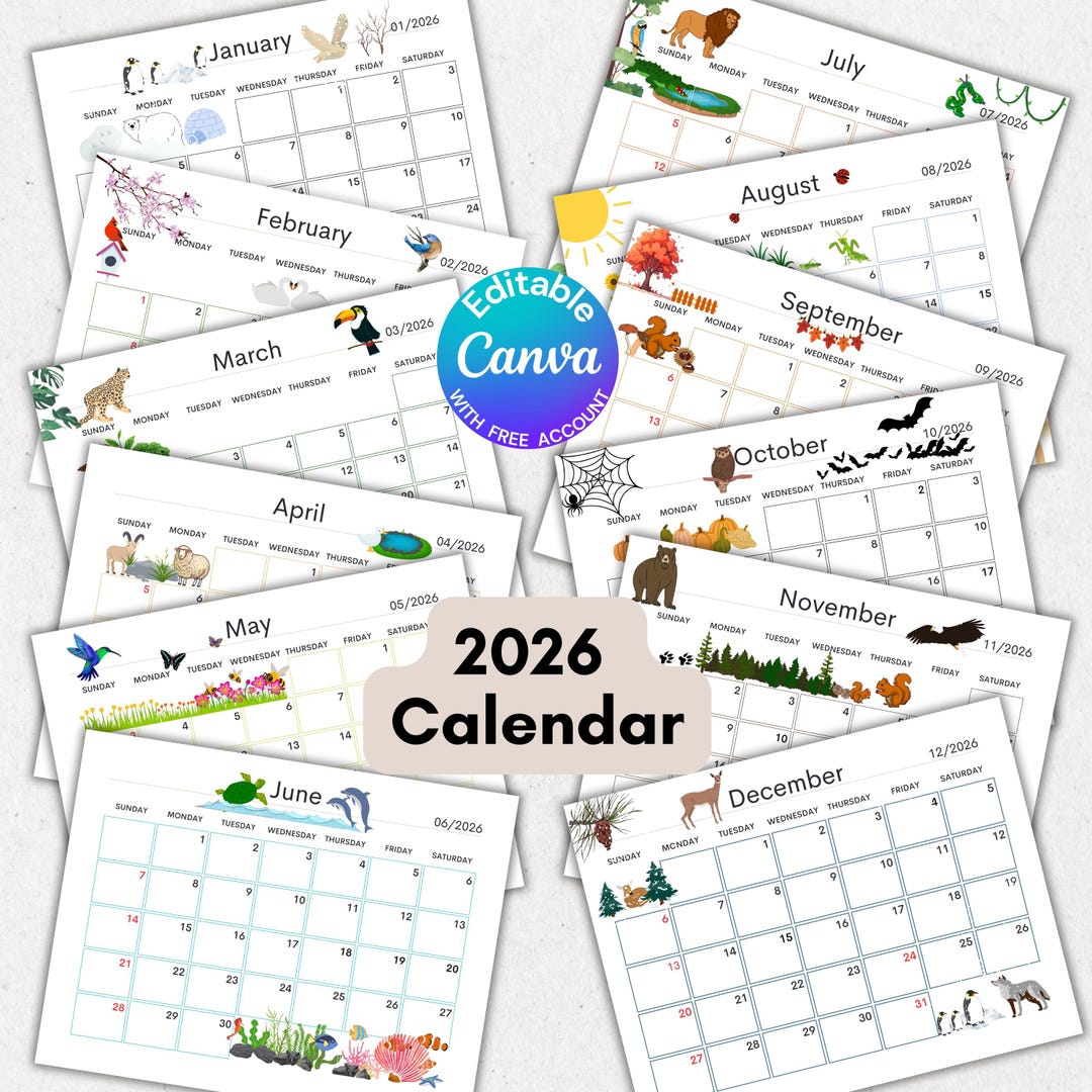 Calendrier 2026 à imprimer pour enfants - Calendrier mural 2026 ...