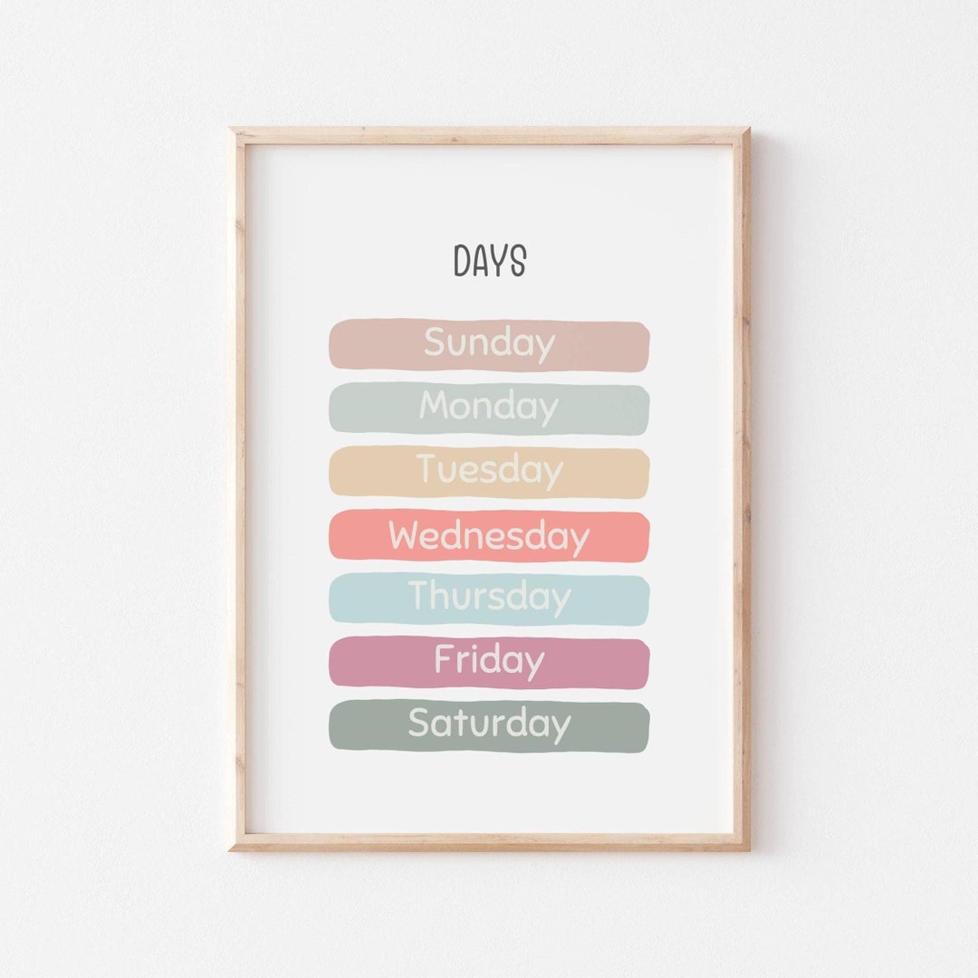 Days of the Week Poster, Educational Wall Art, Kindergarten Preschool ...