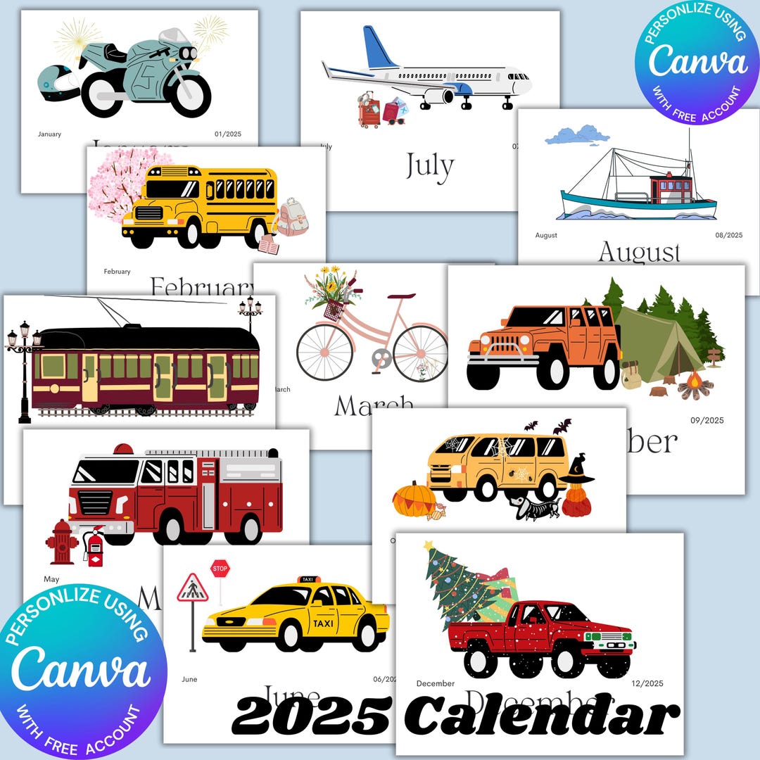 2025 PDF Calendar Printable, 2025 Vehicle Calendar Digital, Wall ...