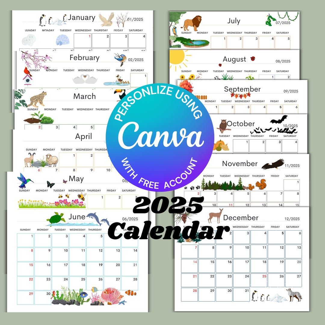 2025 Printable Animals Calendar,2025 Calendar Digital, Wall Calendar ...