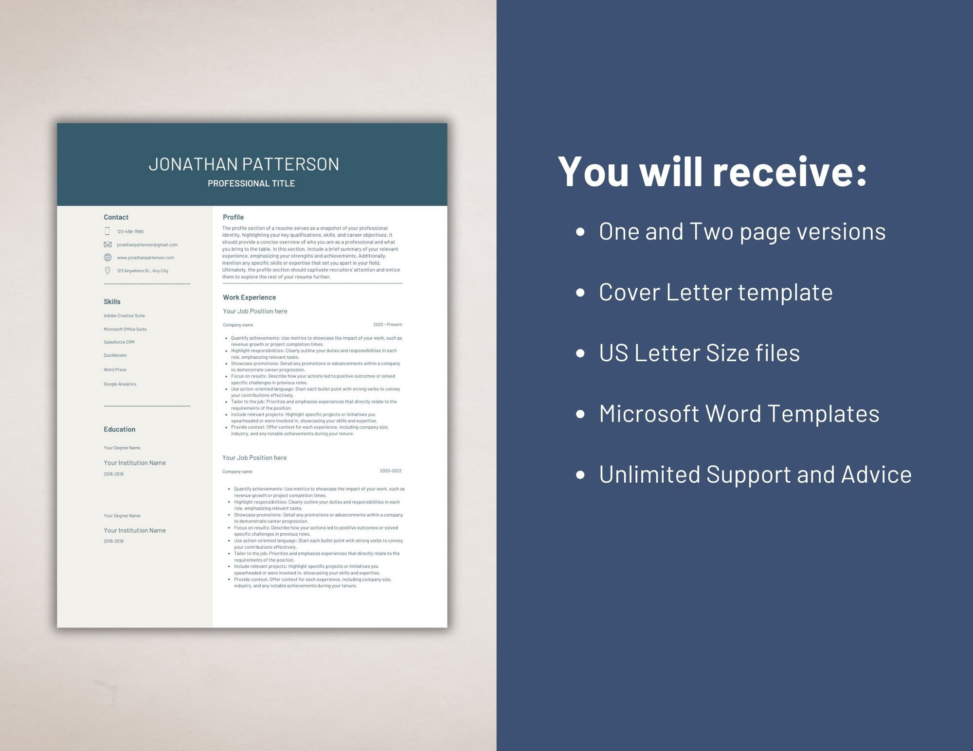 Professional Resume Template for Word Doc, Google Docs or Apple Pages ...