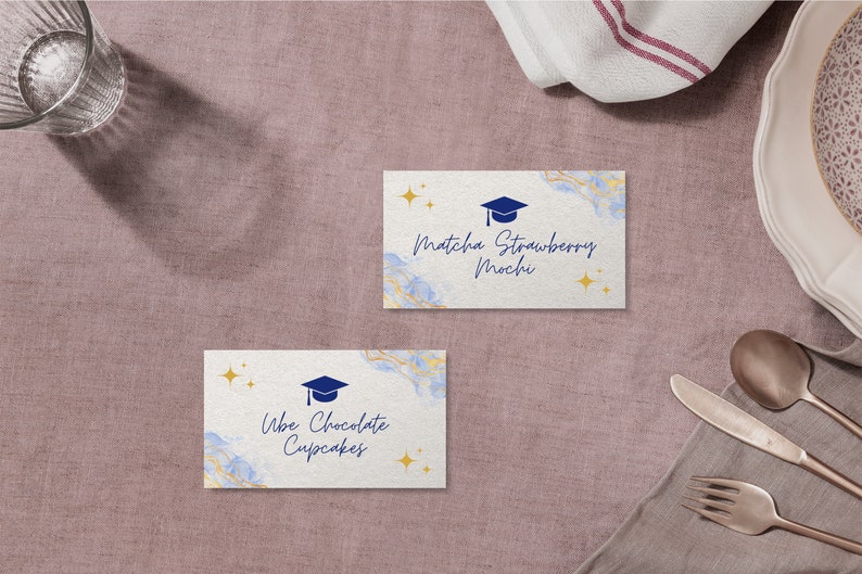 Elegant Marble Graduation Food Label Cards | Blue and Gold Colors ...