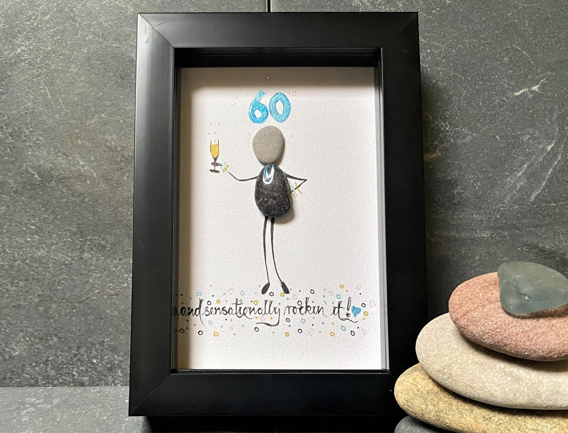 Personalised 60th Birthday Pebble Gift for Women, Handmade Framed ...