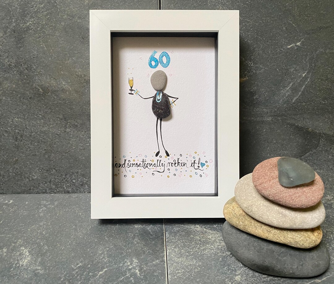 Personalised 60th Birthday Pebble Gift for Women, Handmade Framed ...