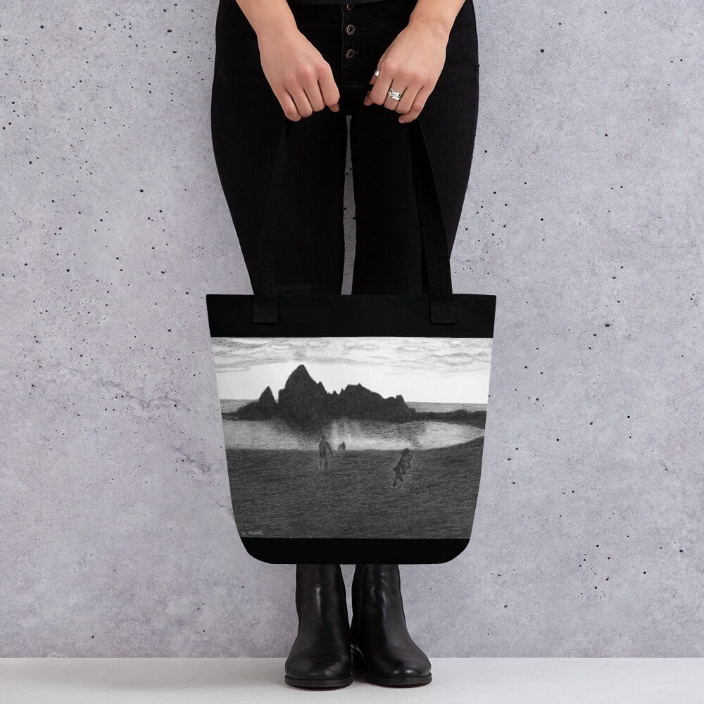 Seascape Tote Bag Charcoal Drawing Ocean Basque Coast Family - Etsy