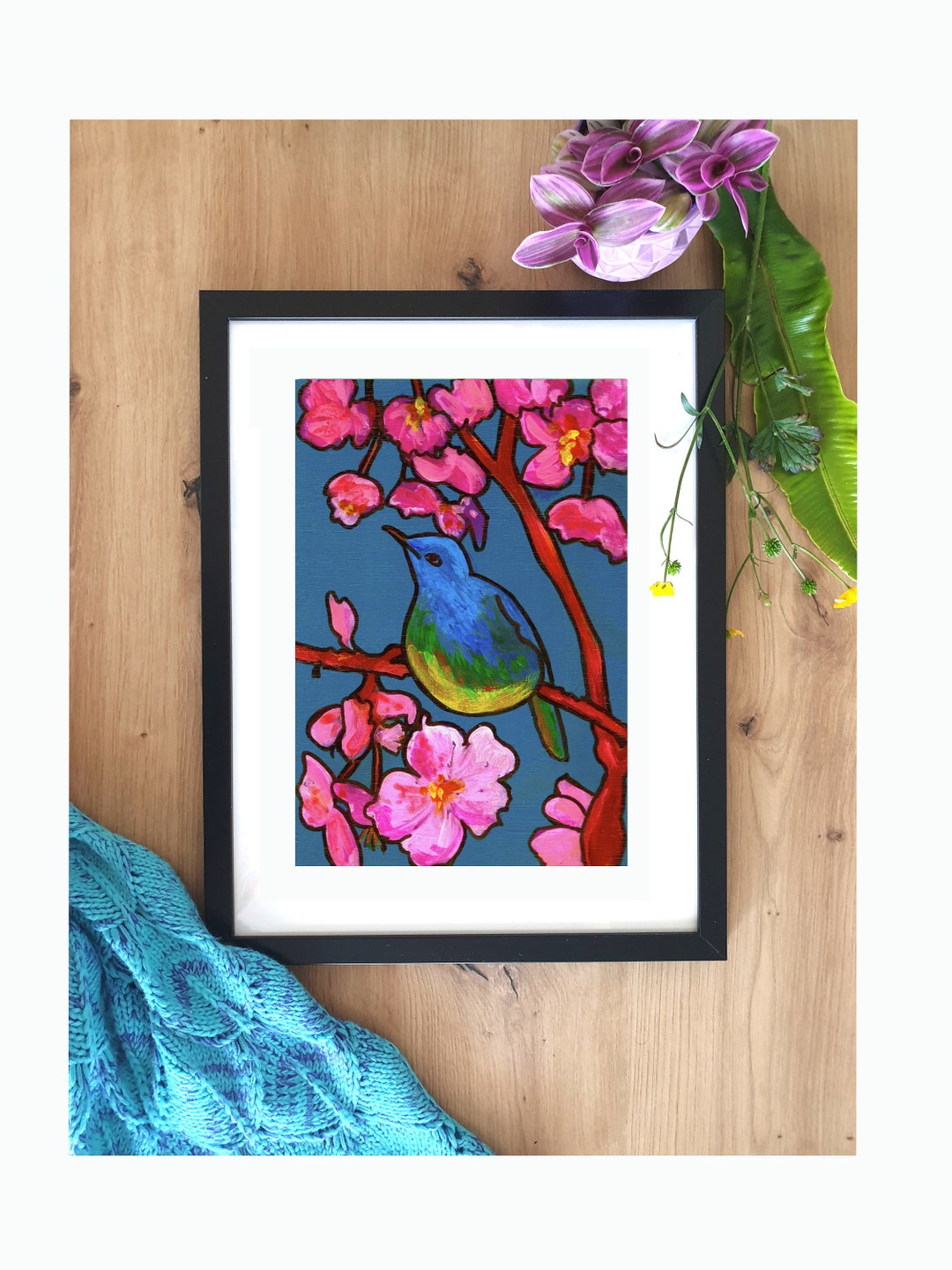 Teal Bird Art Print Giclee Quality Garden Bird in Cherry Blossom Pretty ...