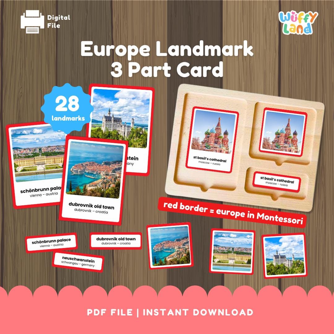 Europe Landmarks 3-part Cards - Montessori Geography Printable - Etsy