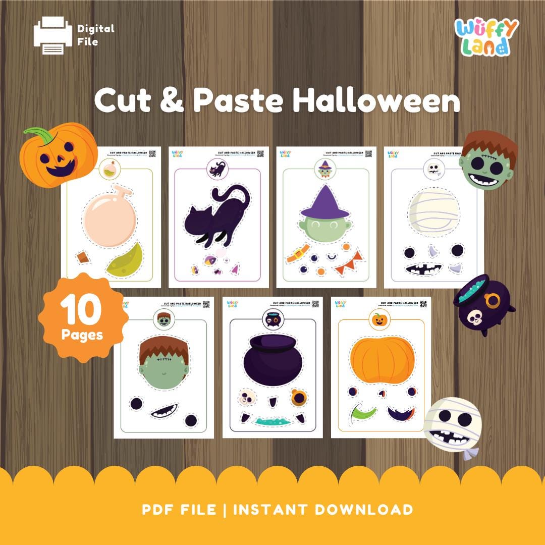 Halloween Cut and Paste Worksheets for Kids: Fun & Easy Craft 10-page ...
