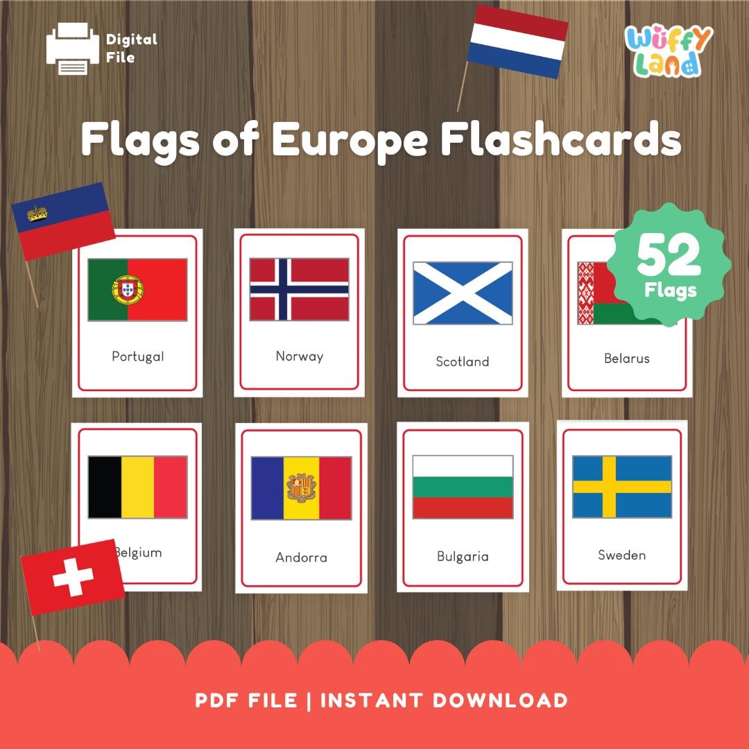 Flags of Europe Flashcards 52 Printable Geography Cards for Kids ...